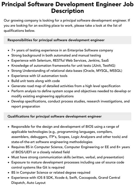 Principal Software Development Engineer Job Description Velvet Jobs