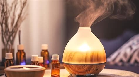 Premium Ai Image Aroma Oil Diffuser Lamp On A Blurred Background Generative Ai