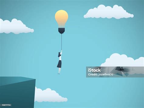 전구를 절벽에서 비행 하는 비즈니스 여자와 비즈니스 창의력 벡터 개념 혁신 발명 솔루션 혁신 야망 동기 부여의 상징 개념에 대한 스톡 벡터 아트 및 기타 이미지 Istock