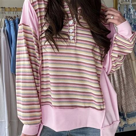 Exposed Seam Color Block Striped Patchwork Loose Henley Sweatshirt
