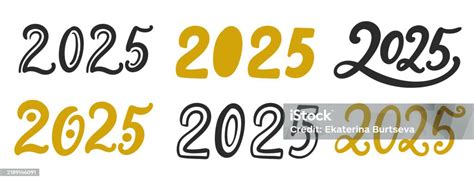 새해 2025 벡터 문자 숫자 모음 벽지 디자인 요소 배너 포스터 인사말 카드 손으로 쓴 현대 서예에 대한 세트 벡터 일러스트 레이션 팩 12월에 대한 스톡 벡터 아트 및