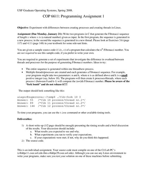 Programming Assignment 1 Study Notes For Operating Systems Cop 6611 Docsity