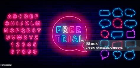 무료 평가판 네온 엠블럼 다채로운 손글씨 텍스트 말풍선 프레임 세트 반짝이는 분홍색 알파벳 벡터 일러스트 레이 션 개념에 대한