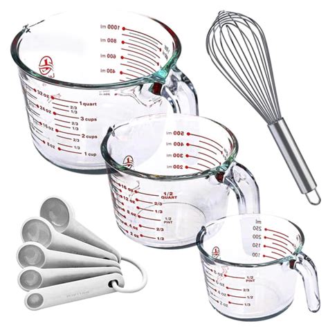 Set Of 3 Glass Measuring Cups With Spoons And Whisk Kitchen Mixing Bowl