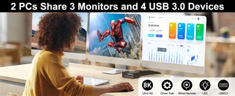 KVM Switch 3 Monitors 2 Computers 8K 60Hz 4K 144Hz HDMI 2 Displayport KVM Switch Triple Monitor
