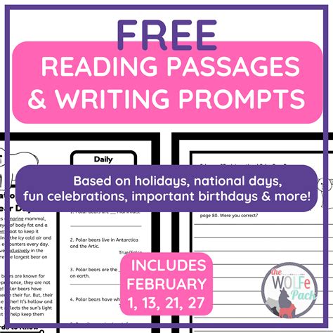 Free Printable Reading Passages And Writing Prompts February Pack