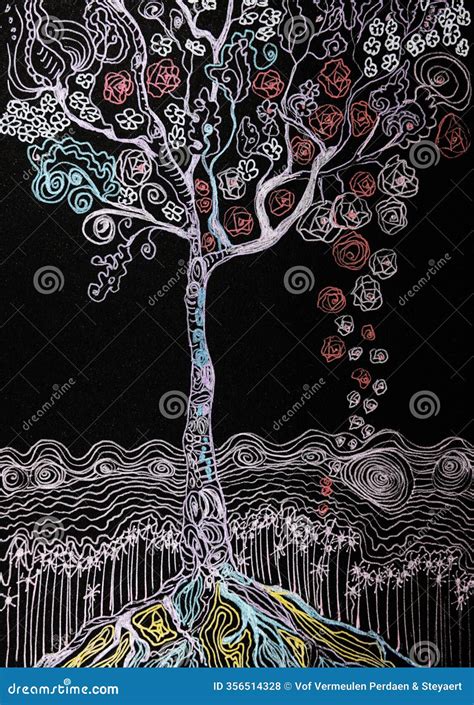 Tree Of Life On Black Background Drawing With Multi Colored Pen And Ink Stock Illustration