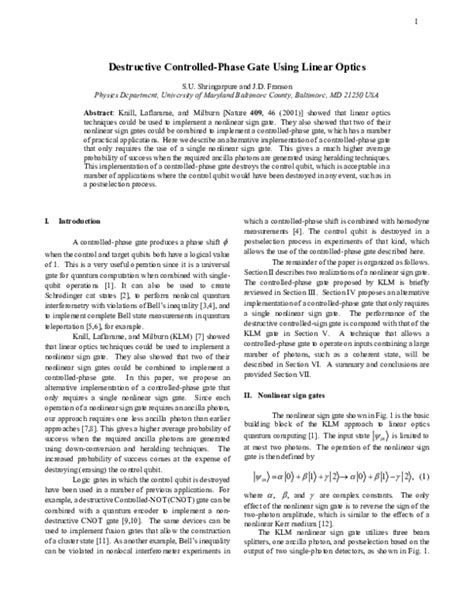 Pdf Destructive Controlled Phase Gate Using Linear Optics