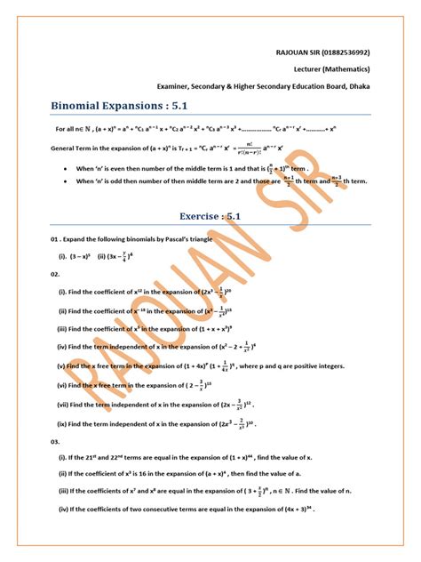 Lecture Of Binomial Expansions 5 1 Pdf Mathematics Elementary Mathematics