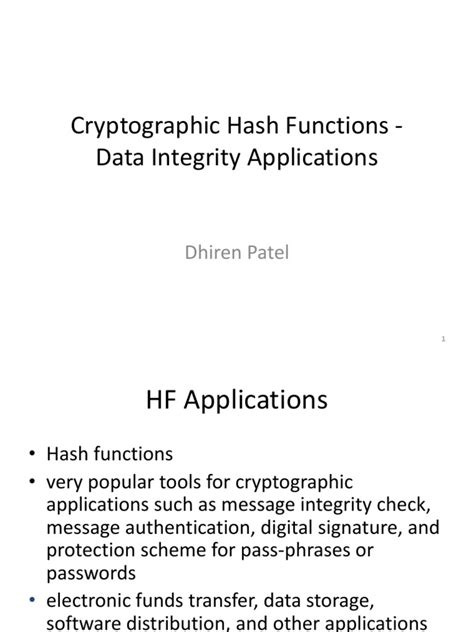 Cryptographic Hash Functions Data Integrity Applications Dhiren