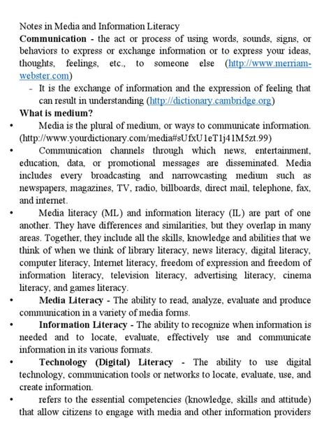 Notes In Media And Information Literacy Pdf Media Communication