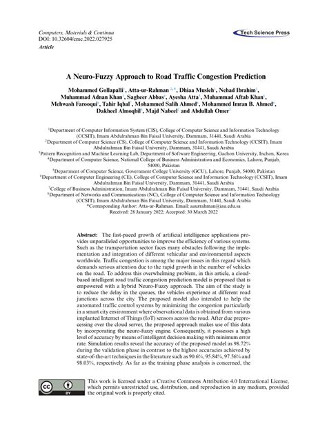 Pdf A Neuro Fuzzy Approach To Road Traffic Congestion Prediction