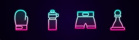 세트 라인 권투 글러브 피트니스 셰이커 쇼트 및 체스 빛나는 네온 아이콘입니다 벡터 0명에 대한 스톡 벡터 아트 및 기타 이미지 0명 건강한 생활방식 건강한 식생활