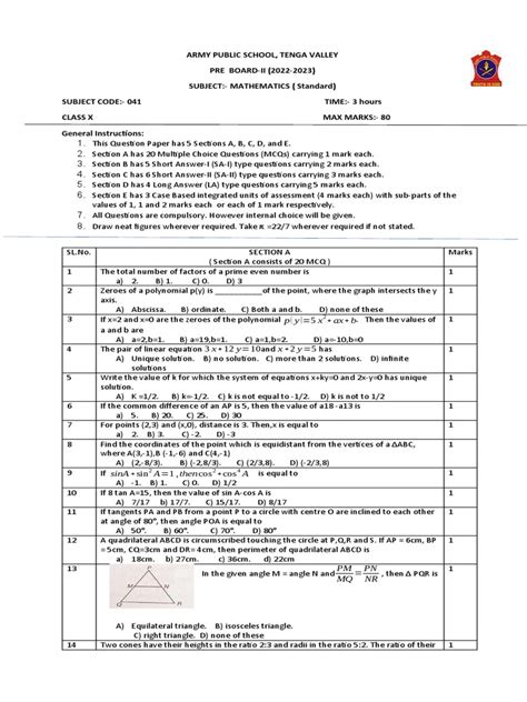 Aps Class 10 Standard Pre Board 2 Pdf Circle Geometry