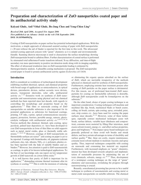 Pdf Preparation And Characterization Of Zno Nanoparticles Coated Paper And Its Antibacterial