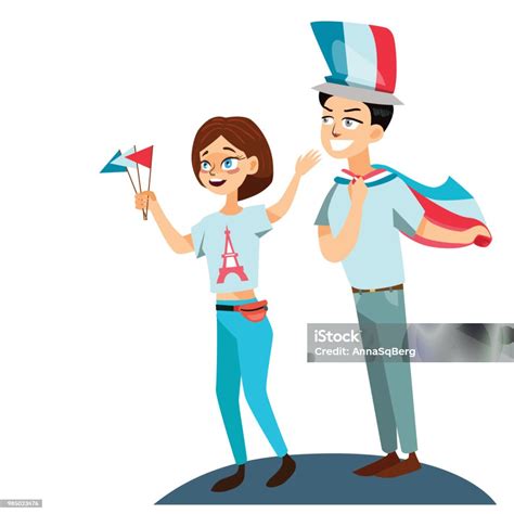 남자와 여자 공휴일에 프랑스 플래그 손에 바스티유 데 벡터 일러스트 레이 션에 에펠 탑의 배경에 대 한 길을 걷고 사람들 14에