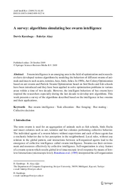 Pdf A Survey Algorithms Simulating Bee Swarm Intelligence