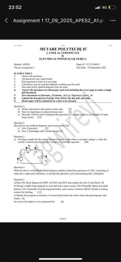 Mutare Polytechnic Electrical Power Engineering Module Apes2 Theory Ass
