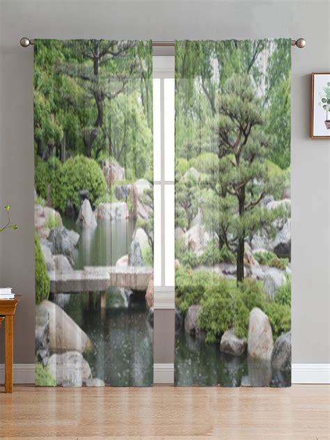 Japanese Garden Chiffon Sheer Curtains For Living Room Bedroom Decor