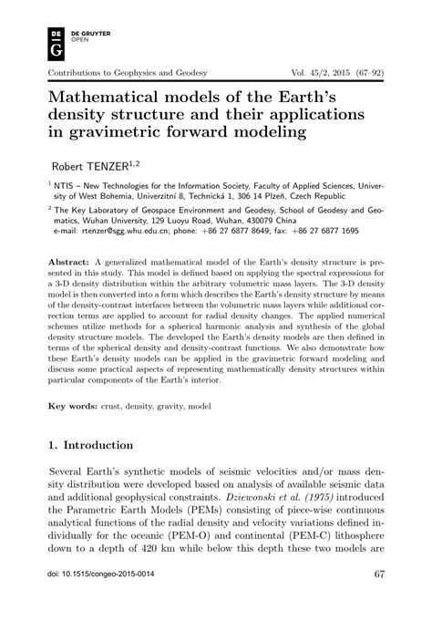 Pdf Mathematical Models Of The Earths Density Structure And Their Applications In Gravimetric