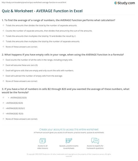 Quiz And Worksheet Average Function In Excel
