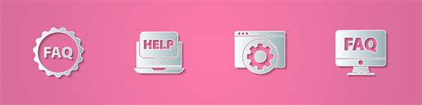 텍스트 Faq 노트북 및 도움말 브라우저 설정 및 컴퓨터 모니터 아이콘으로 용지 잘라 라벨을 설정합니다 종이 아트 스타일 벡터 3차원 형태에 대한 스톡 벡터 아트 및 기타