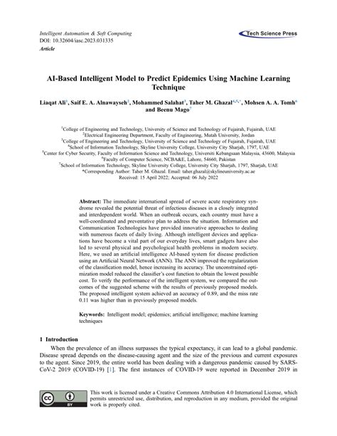 Pdf Ai Based Intelligent Model To Predict Epidemics Using Machine Learning Technique