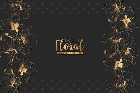 손으로 그린 골드 백합과 검은 색 배경에 고립 된 잎 벡터 꽃 우아한 카드 초대 커버 브로셔 카드 벽지를위한 꽃 디자인 템플릿 백합에 대한 스톡 벡터 아트 및 기타 이미지