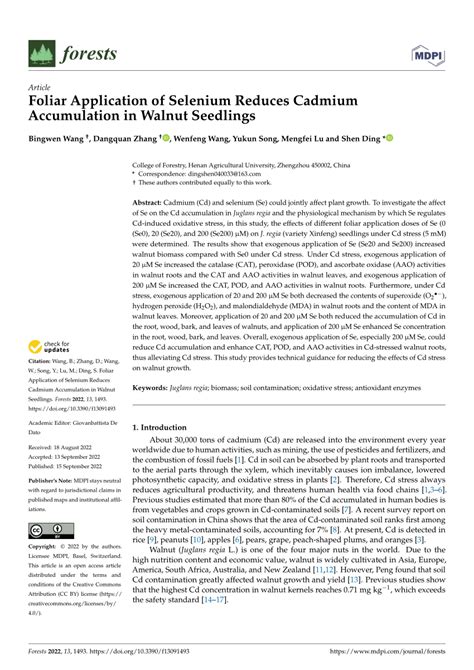 (PDF) Foliar Application of Selenium Reduces Cadmium Accumulation in Walnut Seedlings
