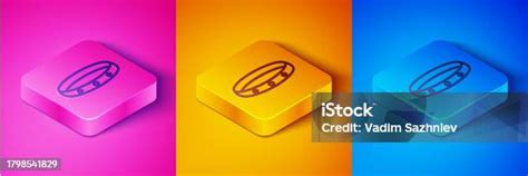 아이소메트릭 라인 금색 반지 아이콘은 분홍색과 주황색 파란색 배경에 분리되어 있습니다 정사각형 버튼 벡터 3차원 형태에 대한 스톡 벡터 아트 및 기타 이미지 Istock