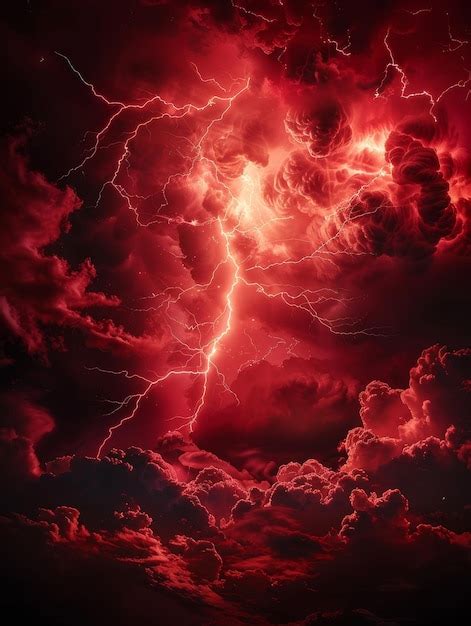 Red Lightning Illuminates The Dark Clouds Night Sky Showing High