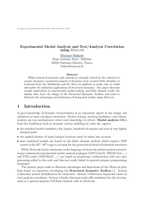 Pdf Experimental Modal Analysis And Testanalysis Correlation