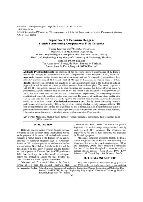 Pdf Improvement Of The Runner Design Of Francis Turbine Using Computational Fluid Dynamics