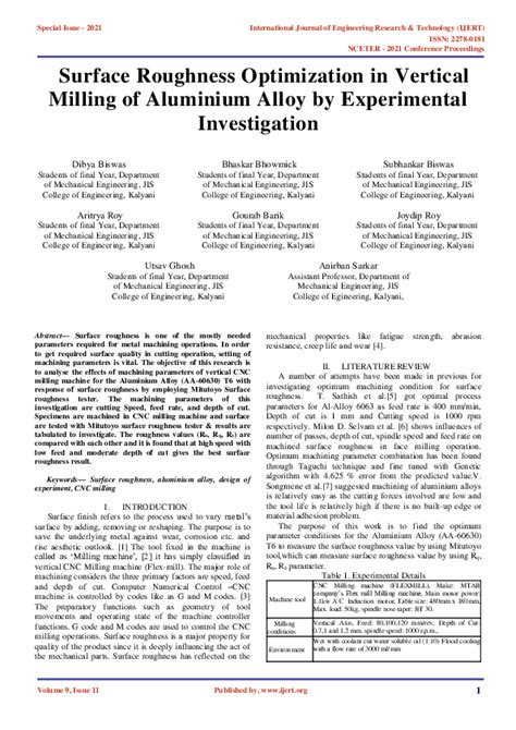 Pdf Surface Roughness Optimization In Vertical Milling Of Aluminium Alloy By Experimental