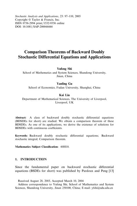 Pdf Comparison Theorems Of Backward Doubly Stochastic Differential