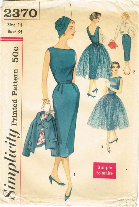1950s Original Vintage Simplicity Pattern 2370 Misses Cocktail Dress