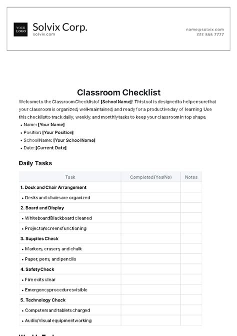 Free Classroom Checklist Template To Edit Online