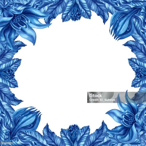수중 마법의 꽃과 시초의 파란색 프레임의 흑백 수채화 그림 초대장 패턴 직물 월페이퍼 스티커 엽서 0명에 대한 스톡 벡터 아트