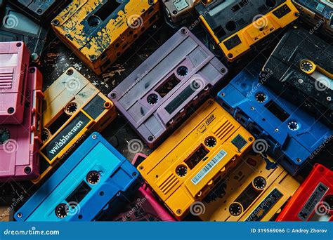 A Collection Of Colorful Cassette Tapes Stacked On Top Of Each Other