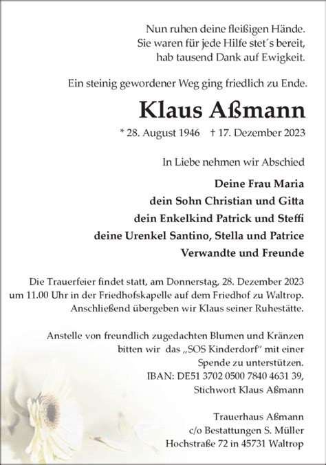 Traueranzeigen Von Klaus Aßmann Sich Erinnernde