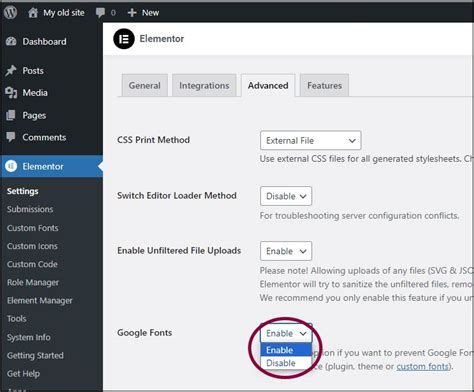 Disable Google Fonts Elementor