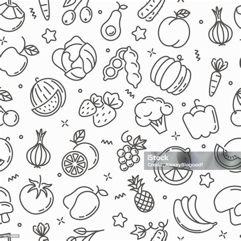 건강한 음식 원활한 패턴 과일 야채 딸기 견과류 얇은 라인 아이콘 파인애플 사과 아보카도 양배추 당근 체리 코코넛 포도 토마토 브로콜리 벡터 그림입니다 벡터에 대한 스톡