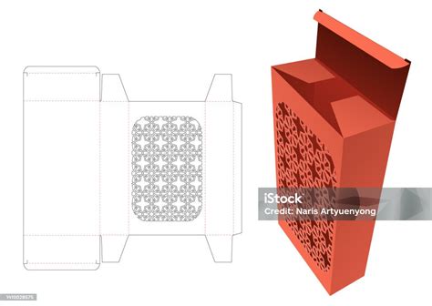 Kotak Kardus Dengan Template Die Cut Jendela Pola Stensil Dan Mockup 3d Ilustrasi Stok Unduh