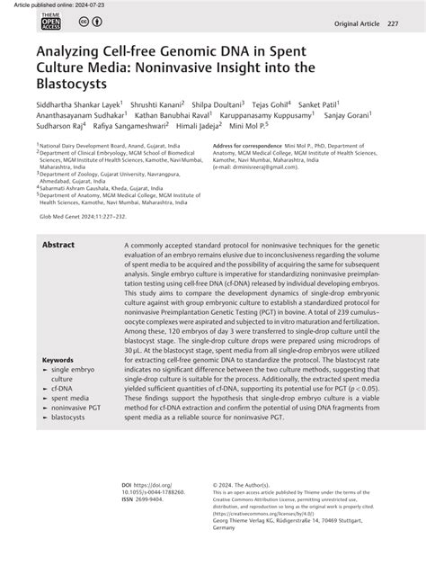 Pdf Analyzing Cell Free Genomic Dna In Spent Culture Media Noninvasive Insight Into The