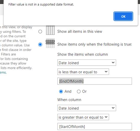 Sharepoint Online List View Filter By A Date Column And Start And End Of Month Dates