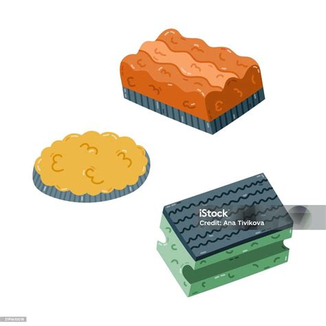 식기 세척을위한 스크럽 스폰지로 설정된 귀여운 만화 세트 먼지 때 먼지로부터 집을 정리합니다 손으로 그린 세척 스폰지 재미 있는 다채로운 클립 아트 가사 집안일에 대한 스톡