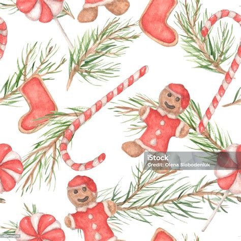 붉은 진저 브레드 맨즈와 신발의 전통적인 수채화 축제 패턴과 흰색 배경에 소나무 가지가있는 신발 0명에 대한 스톡 벡터 아트 및 기타 이미지 Istock