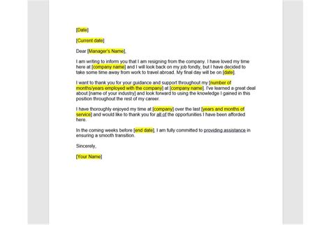 Editable Travel Abroad Resignation Letter Template Resignation Letter