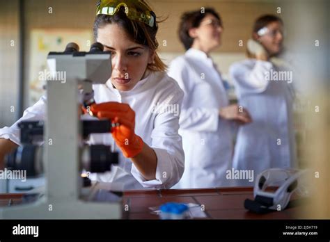 Female Working With Microscope In Laboratory Stock Photo Alamy