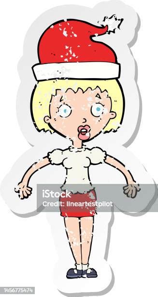 어깨를 으쓱하는 크리스마스 모자를 쓰고 만화 여자의 복고풍 고민 스티커 1980 1989 년에 대한 스톡 벡터 아트 및 기타 이미지 1980 1989 년 1980년